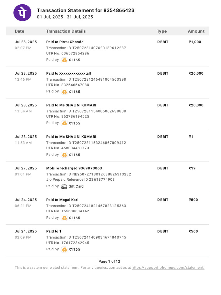 PhonePe Statement Jul2025 Jul2025 | PDF | Debit Card | Payments