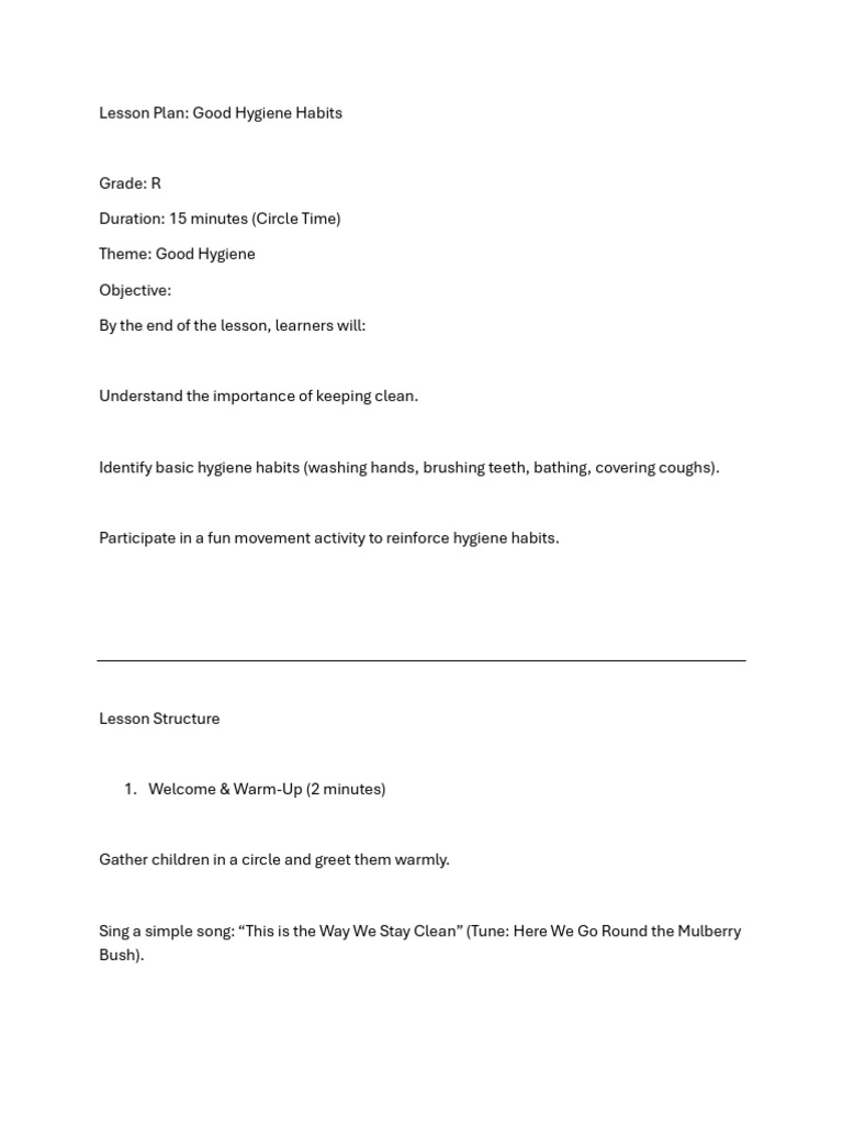 Good Hygiene Habits Lesson Plan | PDF