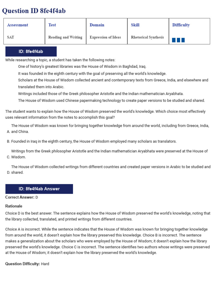 SAT Suite Question Bank - Rhetorical Ans | PDF