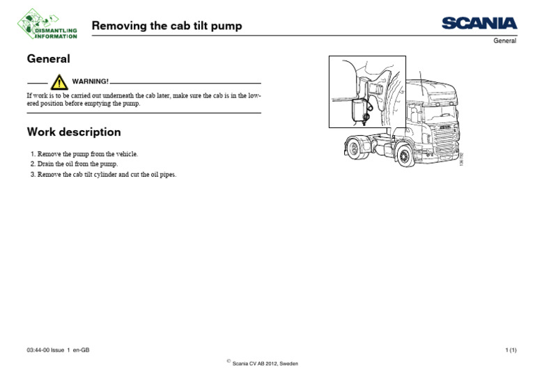Scania Cab Tilt Pump Removal Guide | PDF