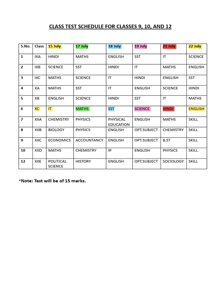 Test Schedule Pdf