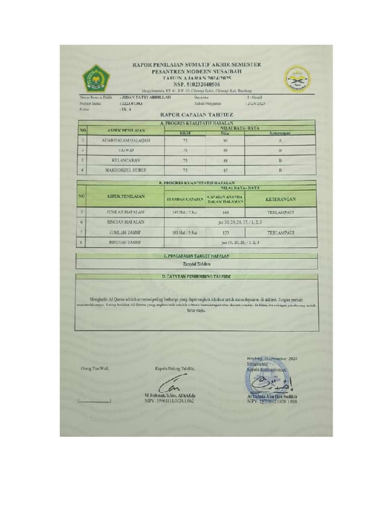 Raport Tahfidz Kelas 9 | PDF