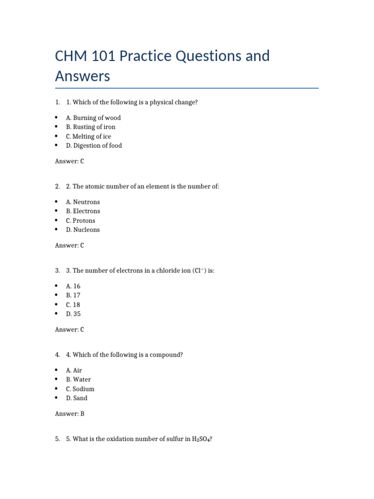 CHM 101 Practice Questions Guide | PDF | Carbon | Chemical Bond