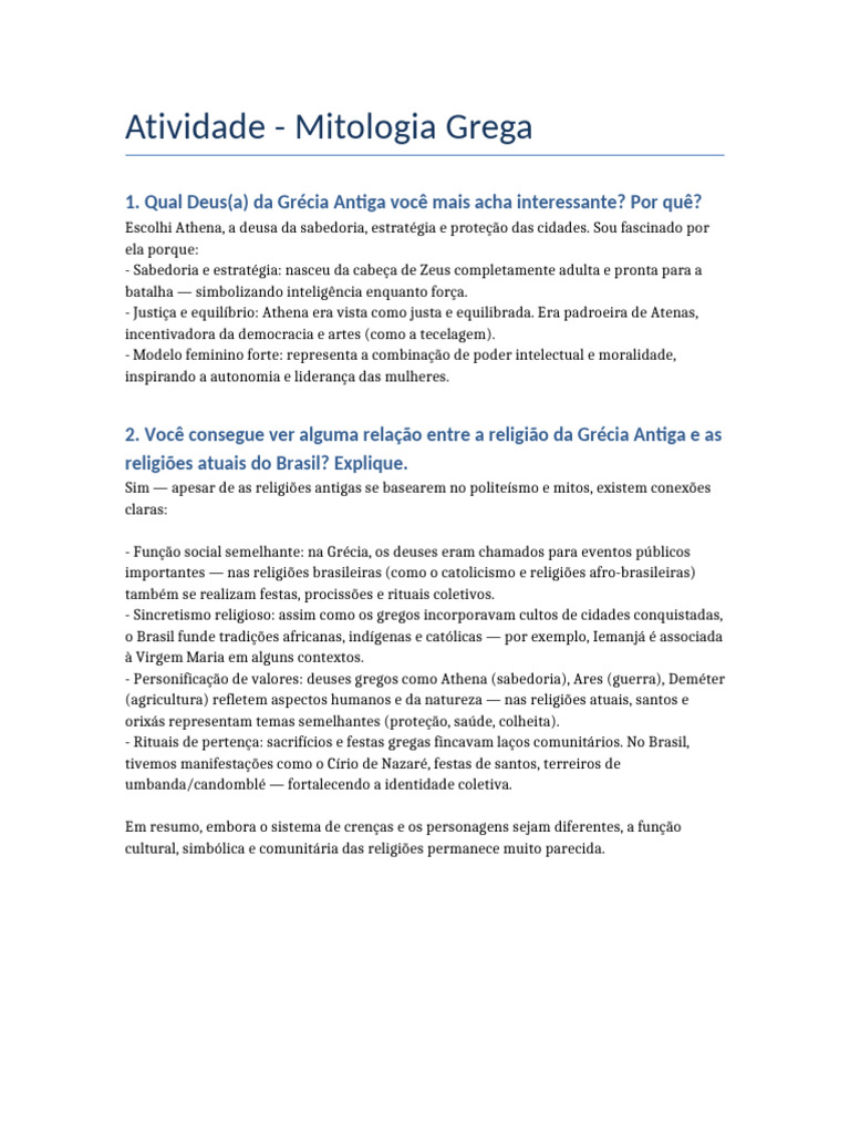 Atividade Mitologia Grega | PDF