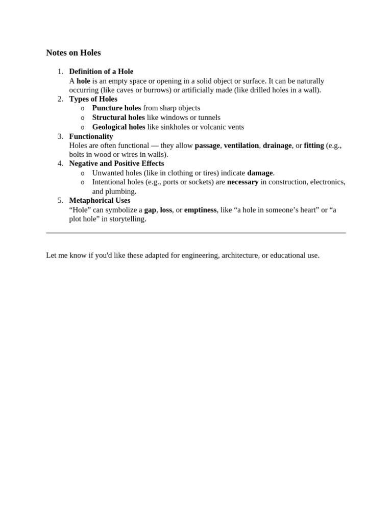Understanding Holes: Types and Functions | PDF