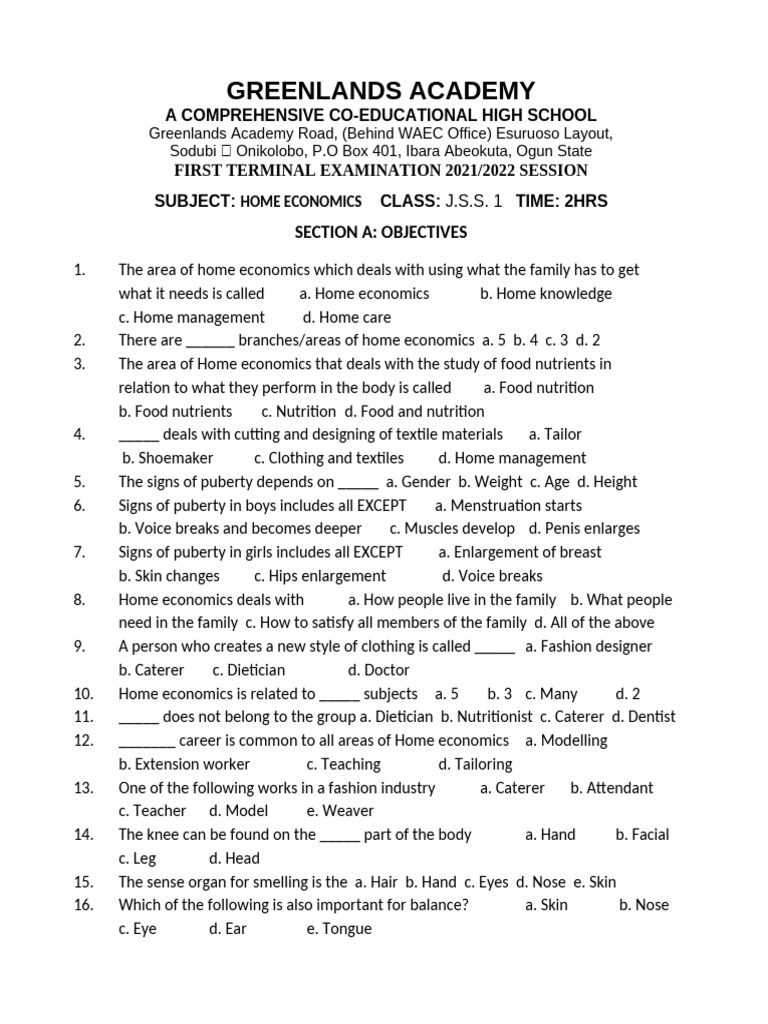 JSS1 Home Economics First Term Exam | PDF
