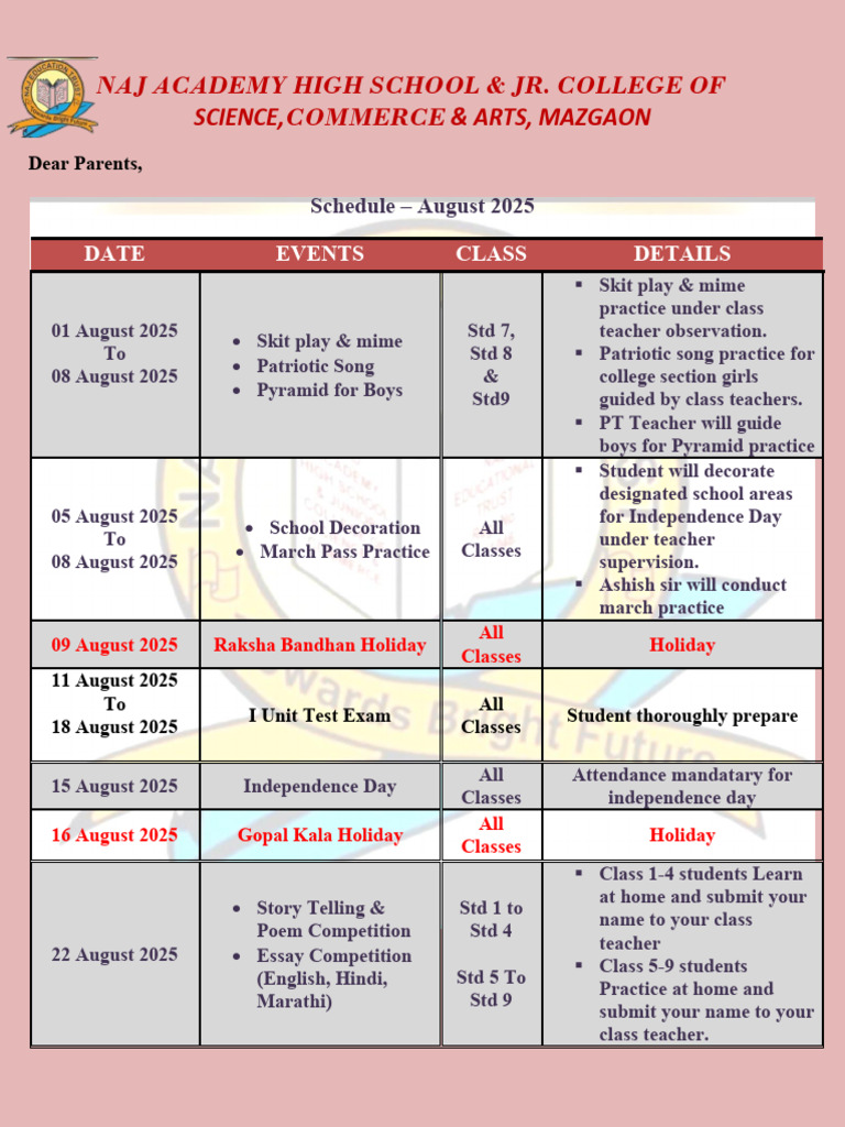 August Schedule 2025-1-3 | PDF