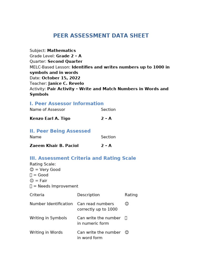 Grade 2 Peer Assessment Math Quarter 2 | PDF