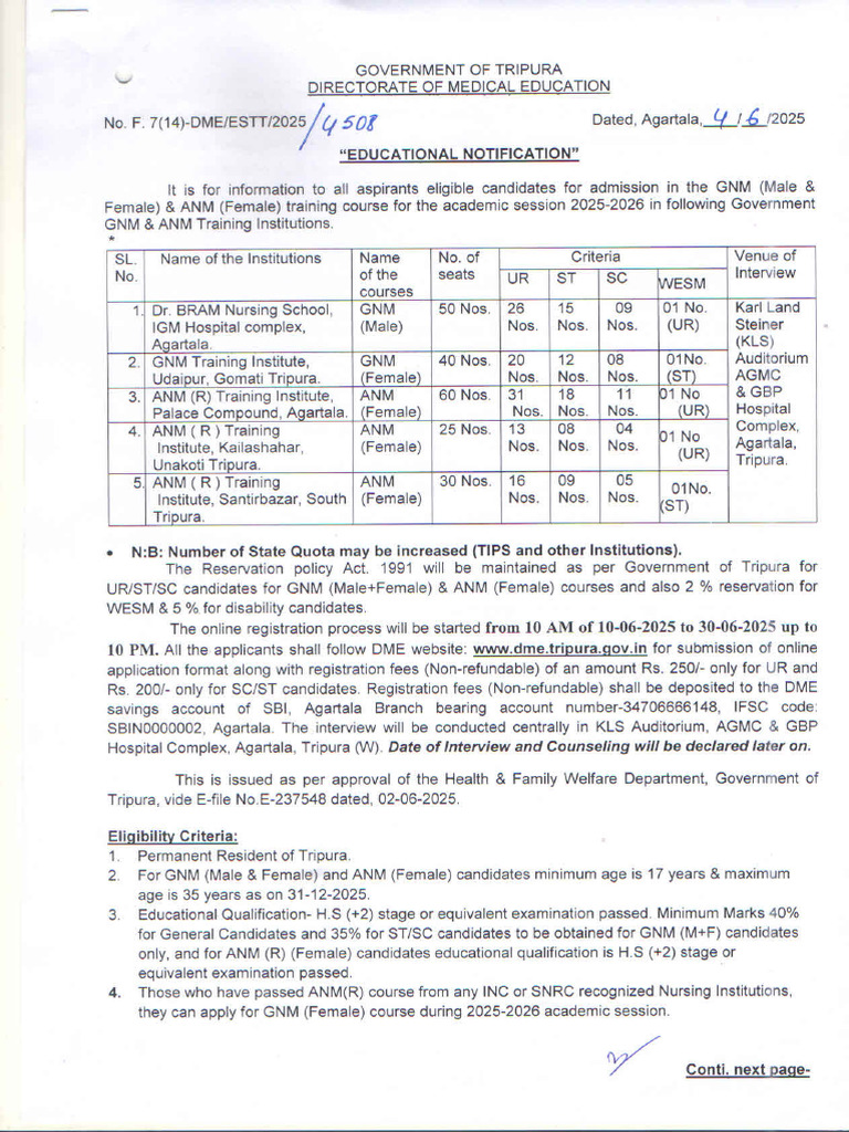 Educational Notification For Admission in The GNM (Male & Female) and ANM (Female) Training ...