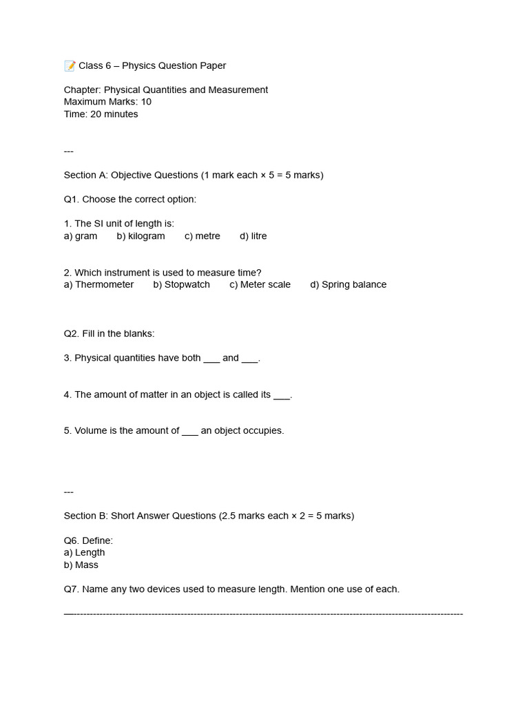 ? Class 6 - Physics - Physical Quantities and Measurement - 1 | PDF