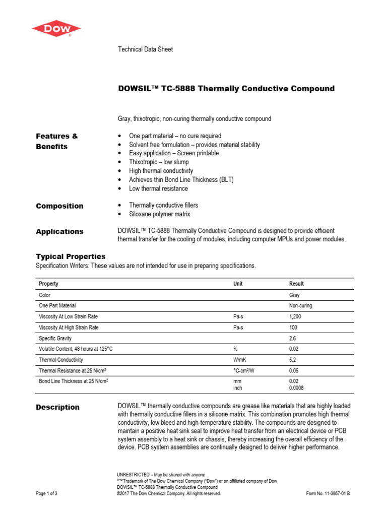 DOWSIL TC-5888 Thermal Compound Overview | PDF | Physical Sciences ...