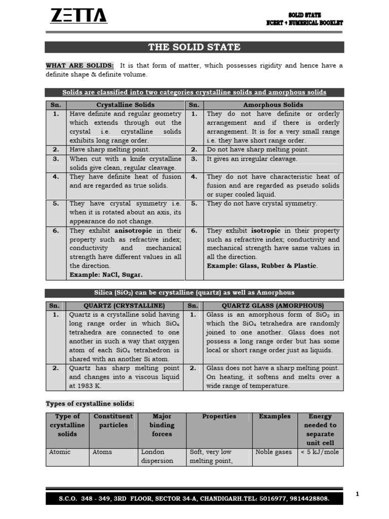 Solid State Ncert + Numerical Booklet | PDF | Solid | Crystal
