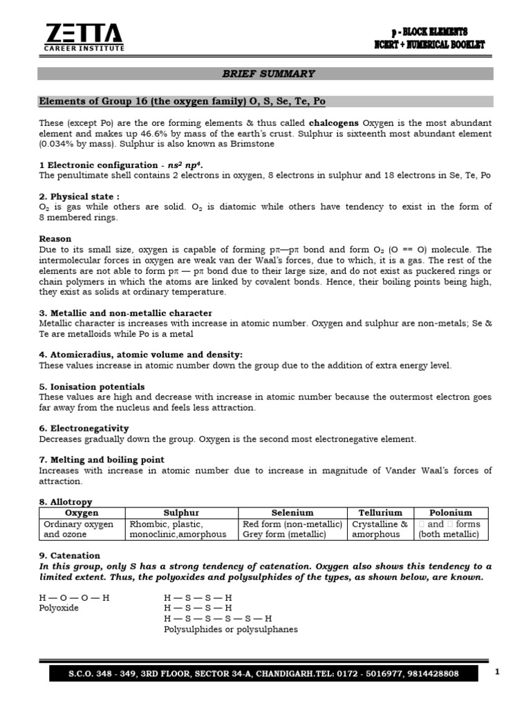 P-Block {+2} Booklet | PDF | Oxygen | Sulfuric Acid