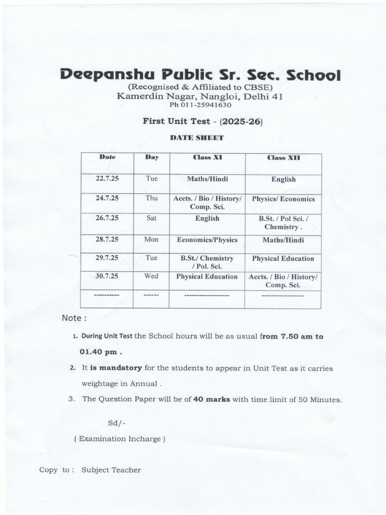 Class-XI To XII First Unit Test 2025-26 Date Sheet | PDF