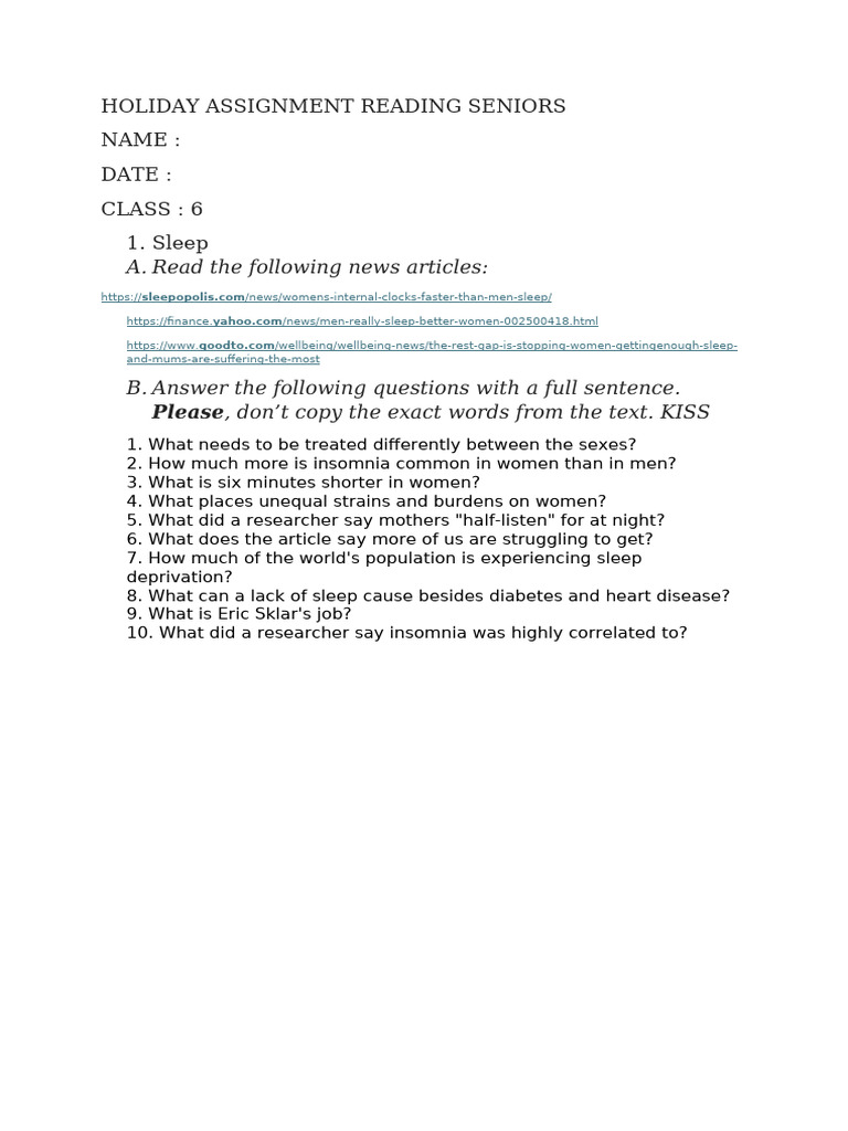 Holiday Assignment Reading Seniors | PDF