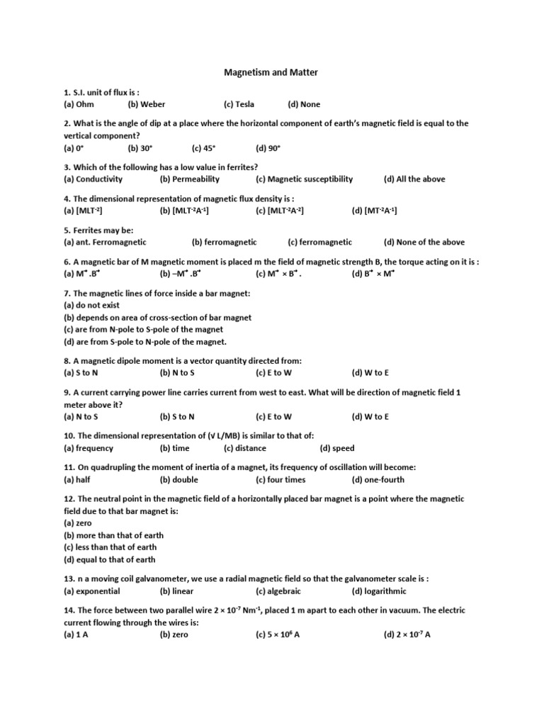 Magnetism and Matter MCQs for Class 12 | PDF | Magnetism | Ferromagnetism