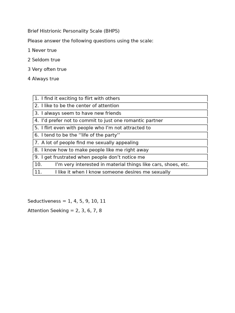 Brief Histrionic Personality Scale | PDF