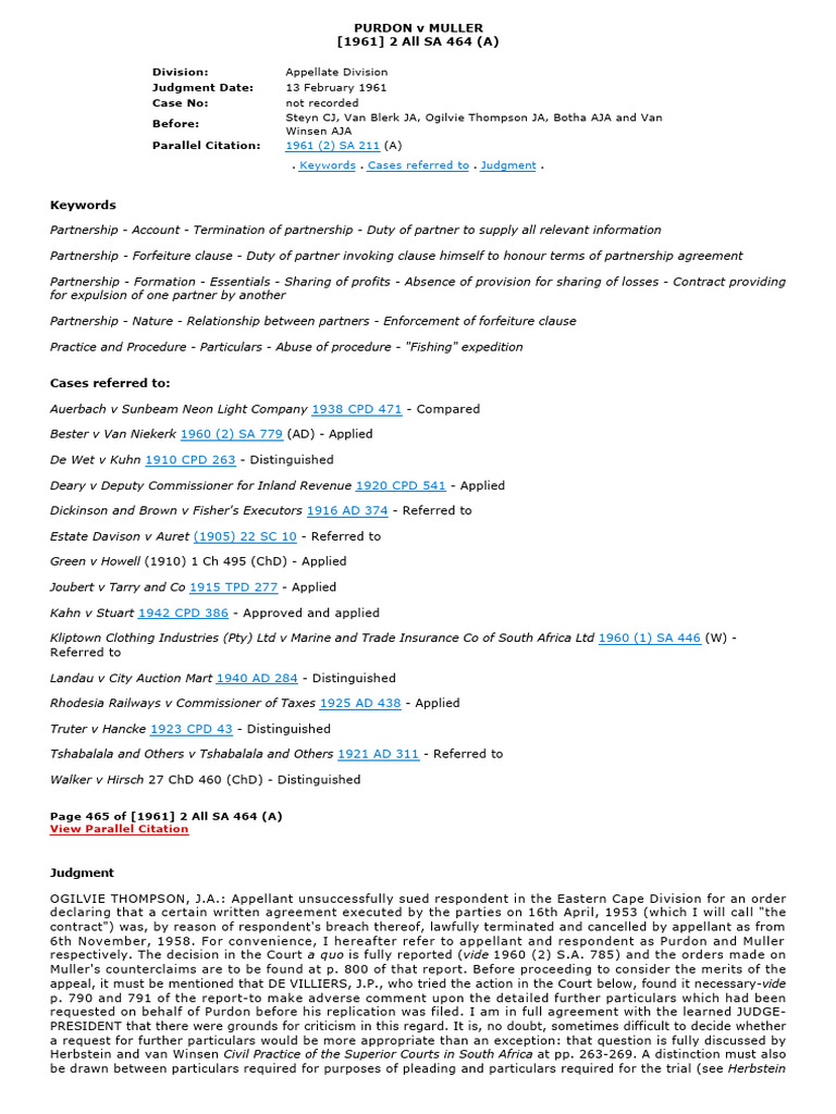 Purdon V Muller (1961) 2 All Sa 464 (A) | PDF | Balance Sheet | Partnership