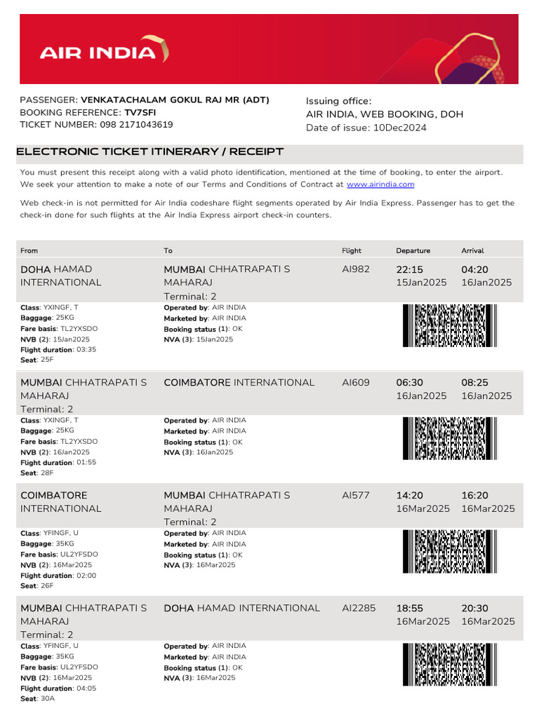 Air India Web Booking ETicket (TV7SFI) - GOKUL RAJ | PDF