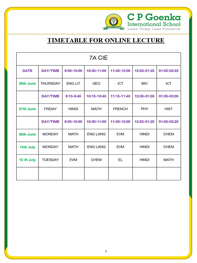 Grade 7A Online Lecture Timetable | PDF