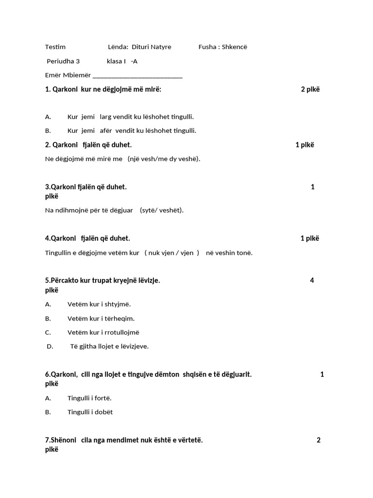 Test 3 Dituri Natyre | PDF