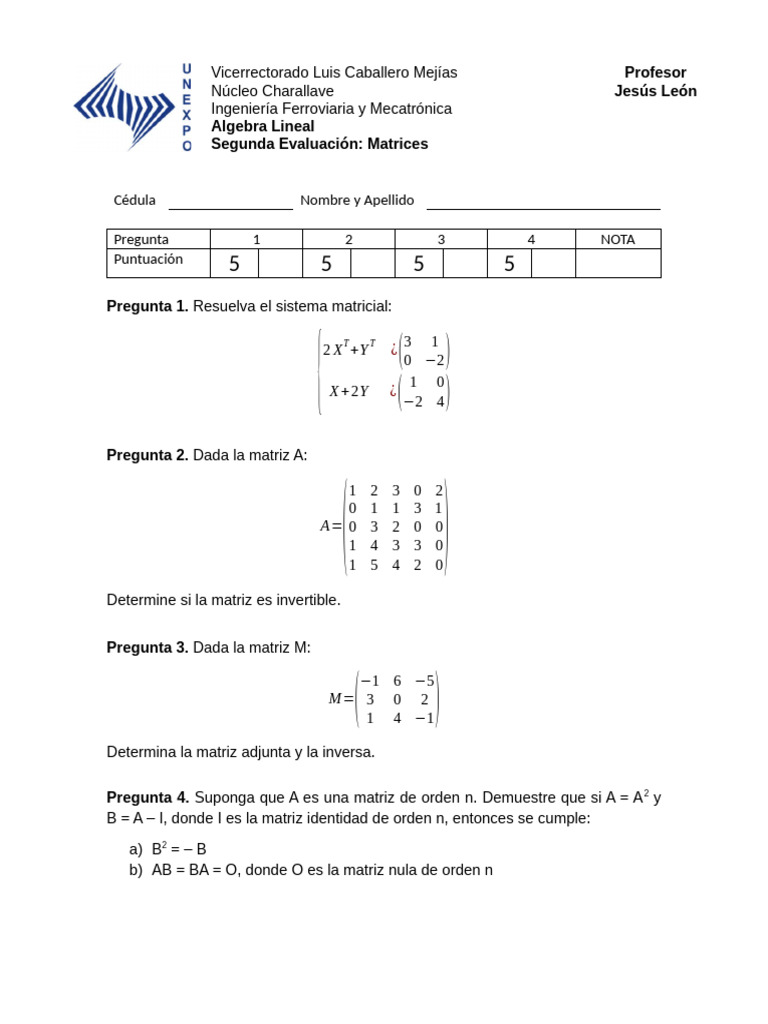 Evaluación de Álgebra Lineal: Matrices | PDF | Matriz (Matemáticas ...