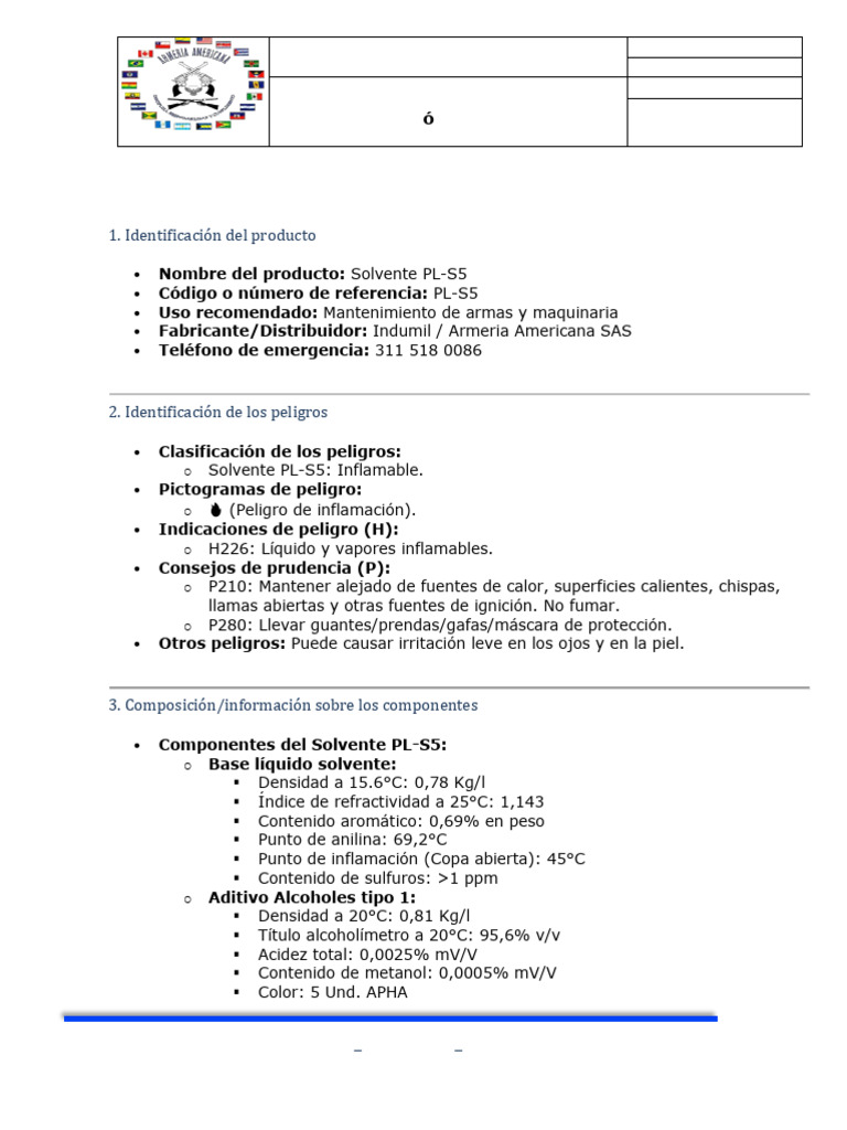 Ficha de Seguridad Solvente PL-S5 | PDF | Agua | Mercurio (Elemento)
