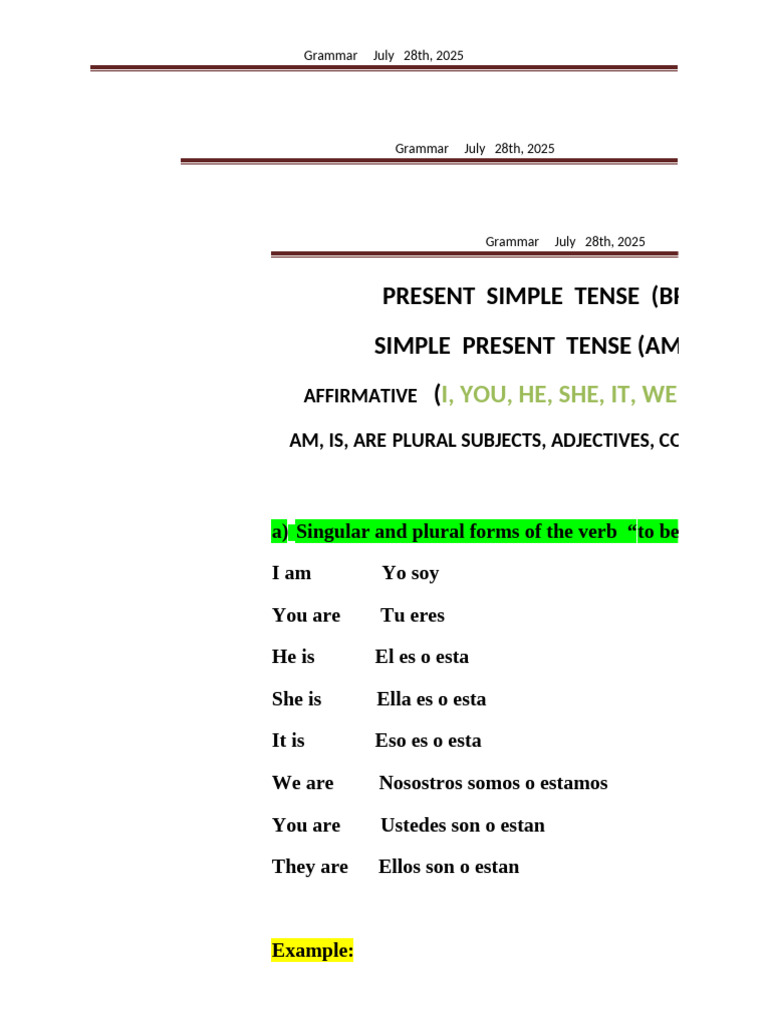 American English Grammar Handout Present Simple or Simple Present Tense ...