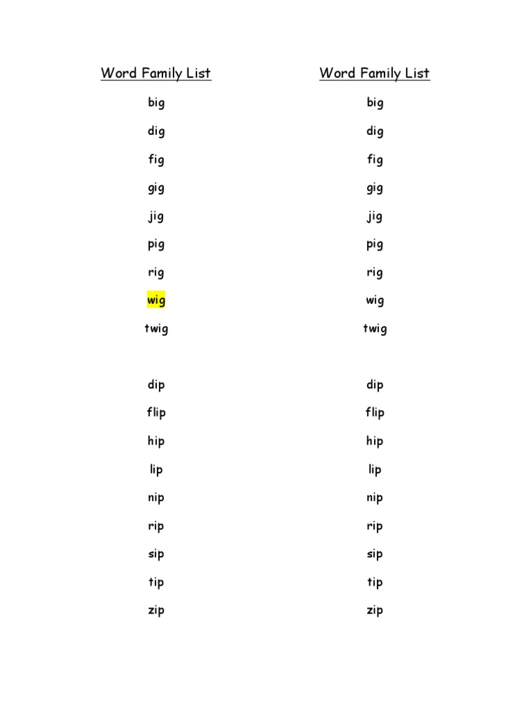 Word Family List | PDF