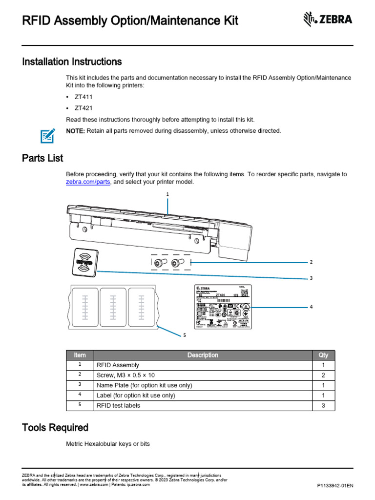 Zt411 Ztt21 Rfid Kit Instr | PDF | Radio Frequency Identification | Printer (Computing)
