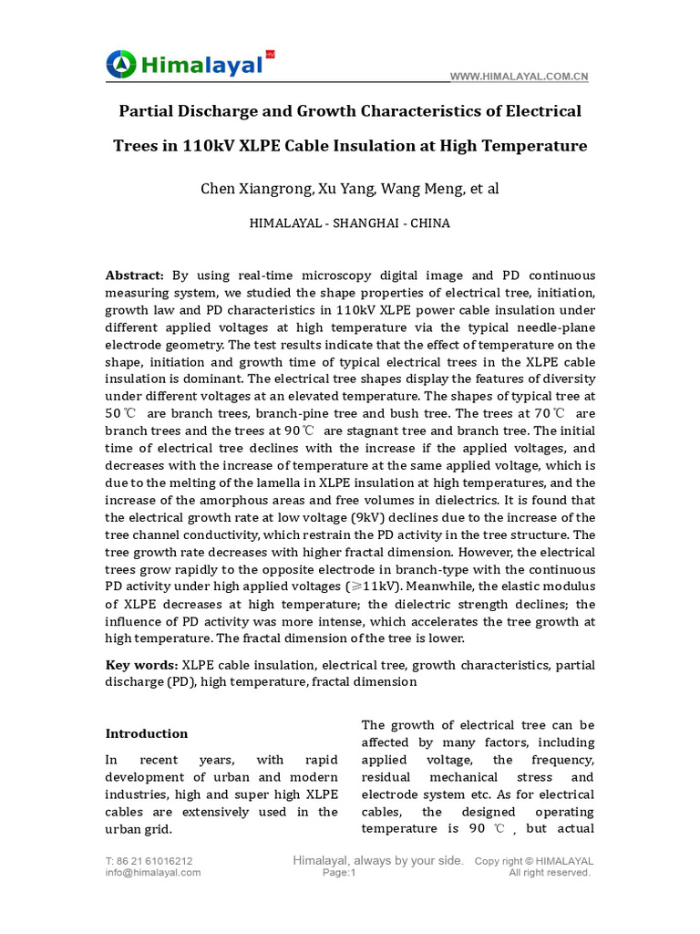 Partial Discharge and Growth Characteristics of Electrical Trees in 110kV XLPE Cable Insulation ...