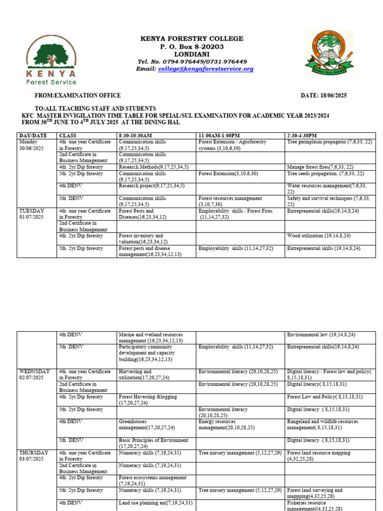 Special and Supplementary Time Table 2024-2025 | PDF | Forestry | Logging