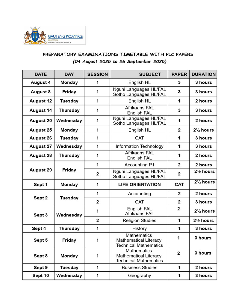 2025 Preparatory Examinations Timetable | PDF