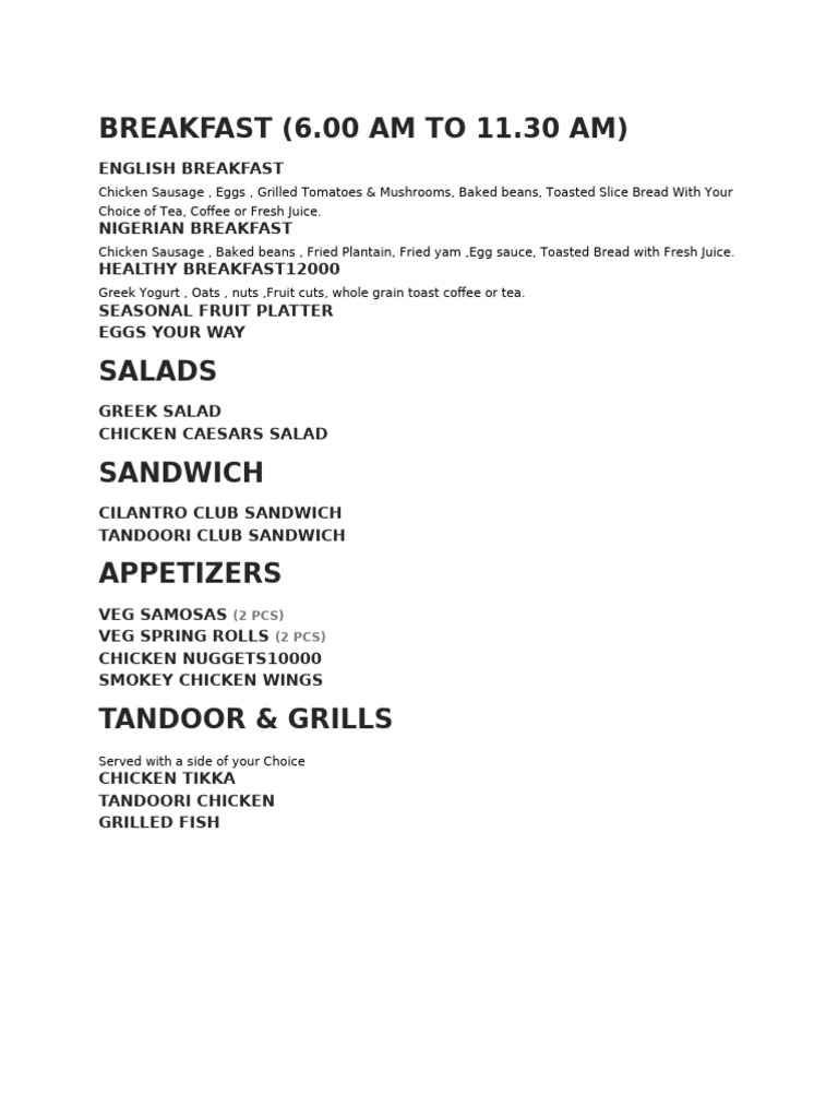 Breakfast (6.00 Am To 11.30 Am) : (2 PCS) (2 PCS) | PDF