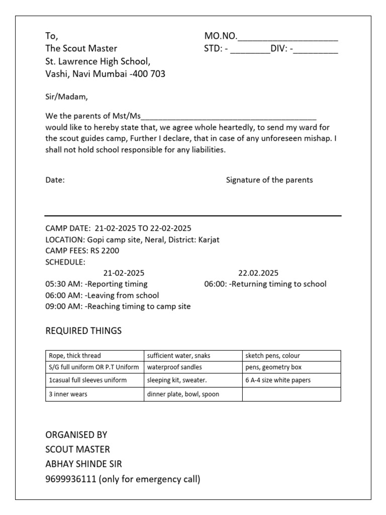 Scout Camp Parent Consent Form | PDF