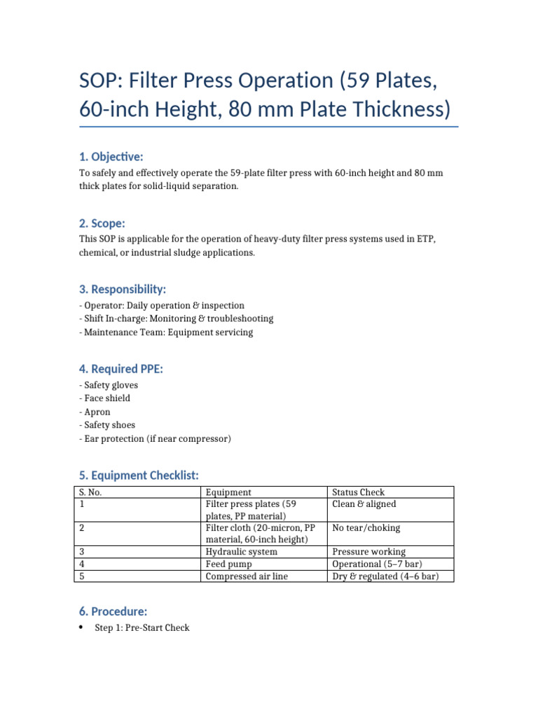 SOP for 59-Plate Filter Press Operation | PDF | Filtration | Pump