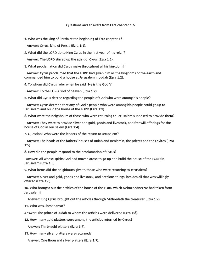 Ezra Chapter 1-6 Q&A Summary | PDF | Books Of The Hebrew Bible | Old ...