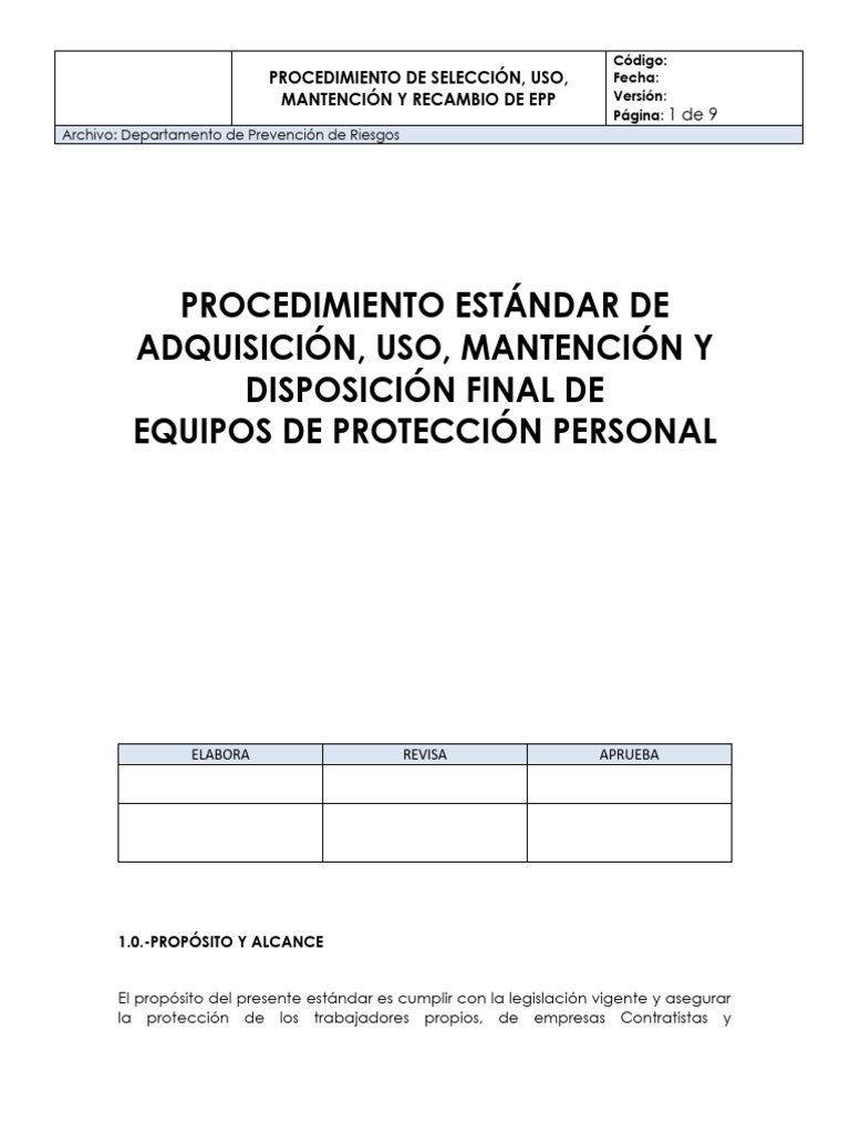 PTS Procedimiento Estandar de Seleccion, Reposicion y Entrega de Epp DS44 | PDF | Seguridad y ...