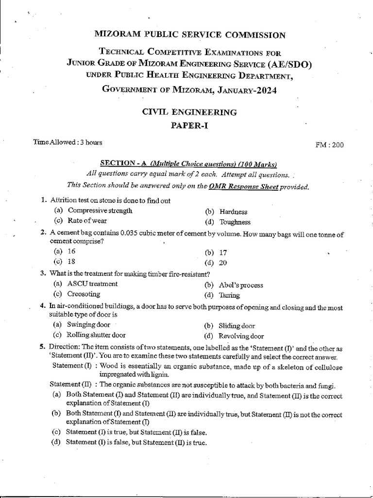 JR Grade of Mes Phe 2024 Civil Engg Paper I | PDF