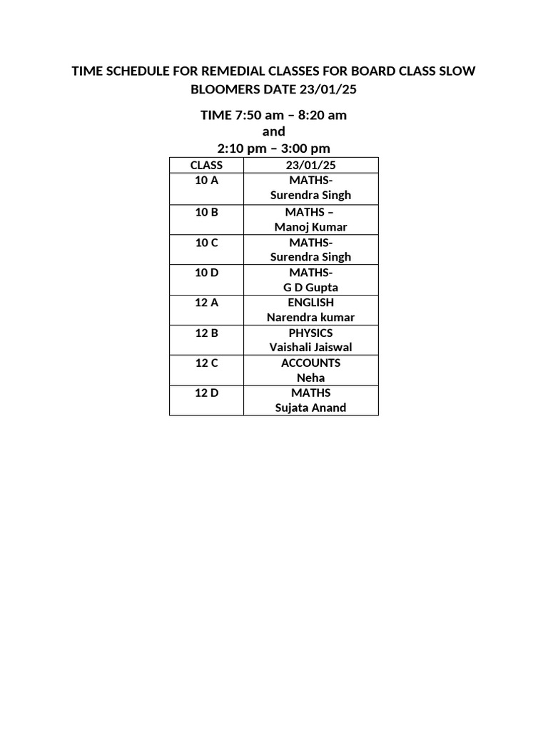 Remedial Class Sachedule For 23 Jan 25 | PDF