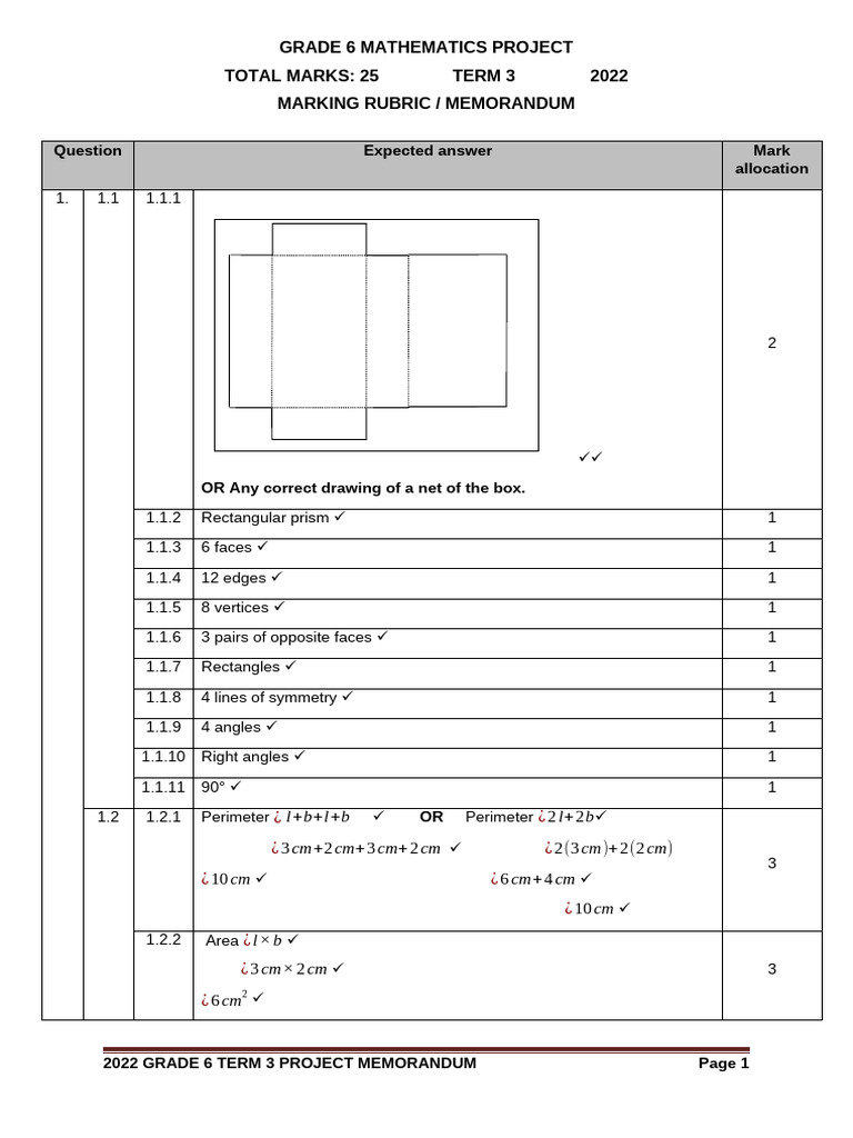 Memo Grade 6 Project Term 3 2022 | PDF | Rectangle | Convex Geometry