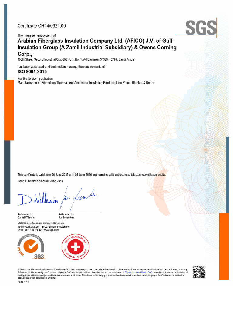 Arabian Fiberglass Insulation Company LTD AFICO ISO 9001 Renewal Cert ...
