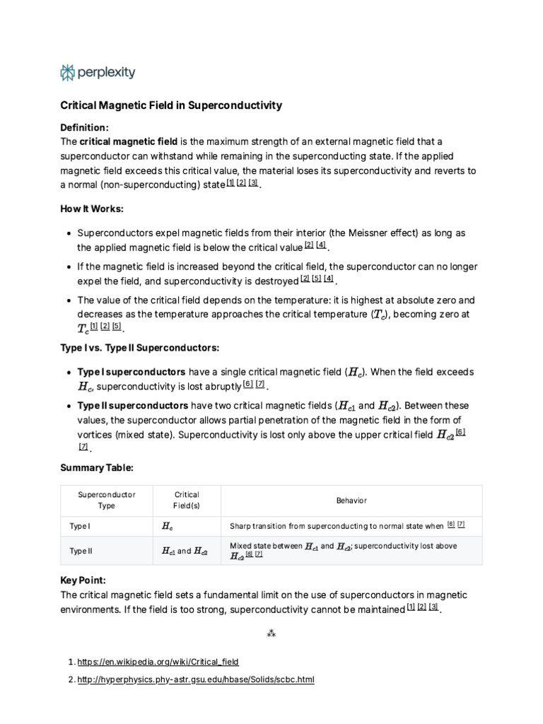 Critical Magnetic Field in Superconductivity | PDF | Superconductivity ...