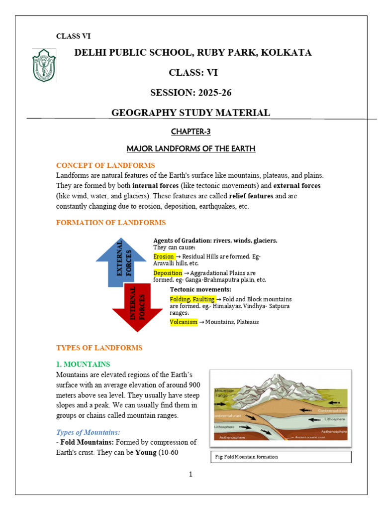 SM Major Relief Features of The Earth Geography Class 6 2025-26 | PDF ...