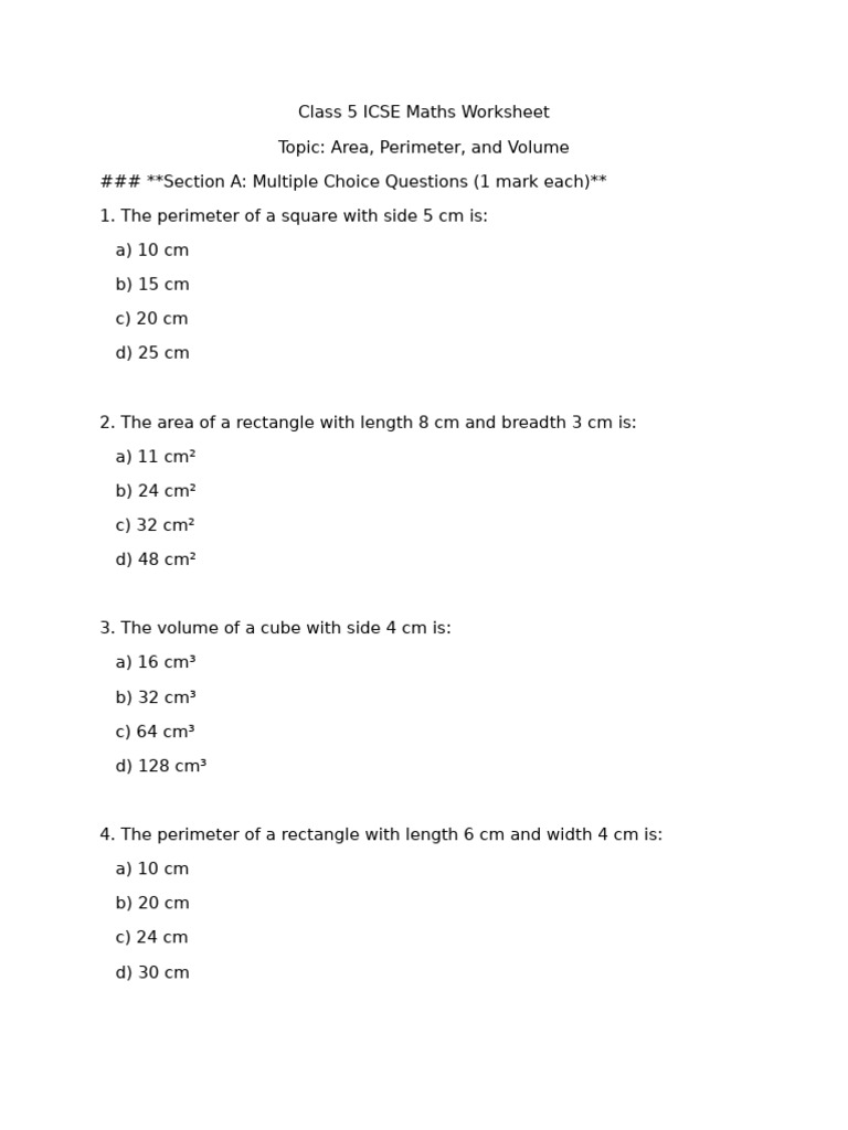 Class 5 Mensuration Worksheet | PDF