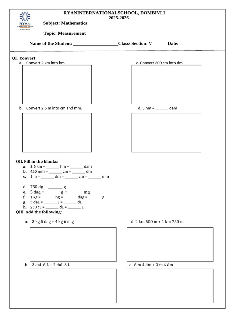 Measurement Worksheet 1 of Grade 5 Mathematics | PDF