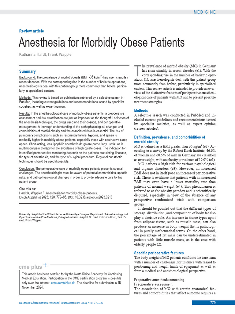 Anaesthetic Care for Obese Patients | PDF | Anesthesia | Sleep Apnea