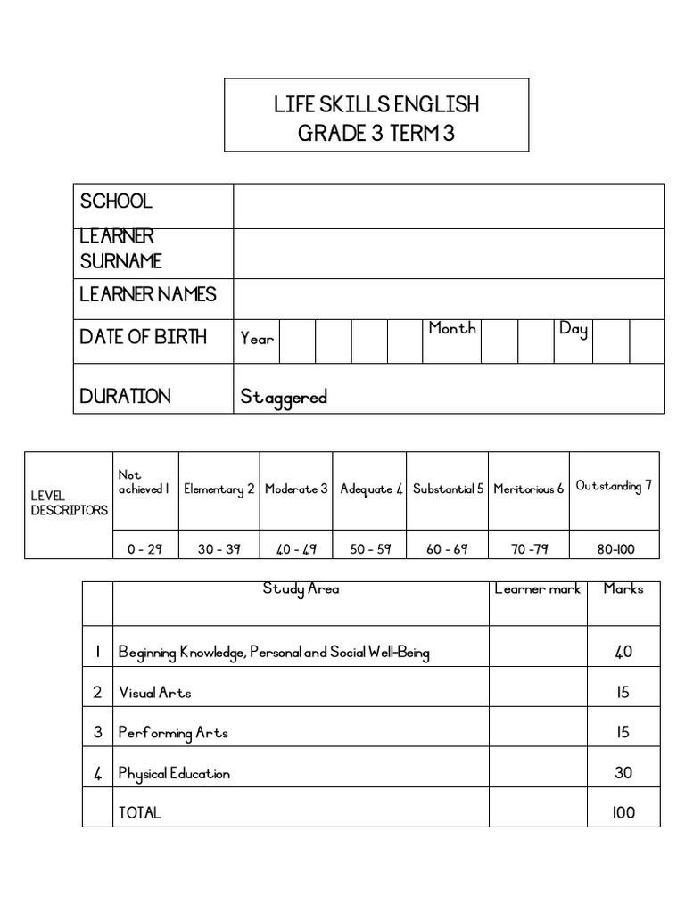 Life Skills English Term 3 Grade 3 Assessment Task 2023 | PDF