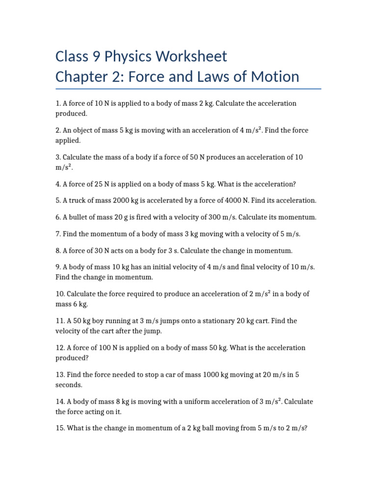 Class9 Physics Chapter2 Force Worksheet | PDF | Force | Momentum