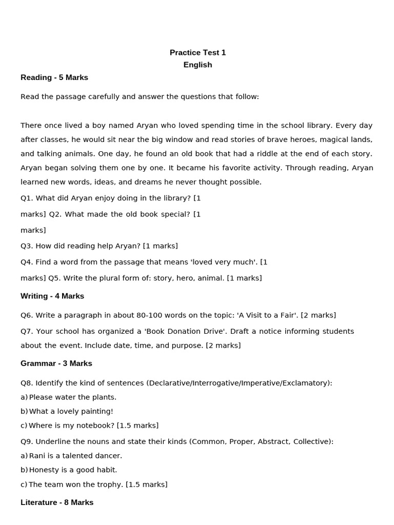 Class VI Practice Test PA1 English Updated | PDF